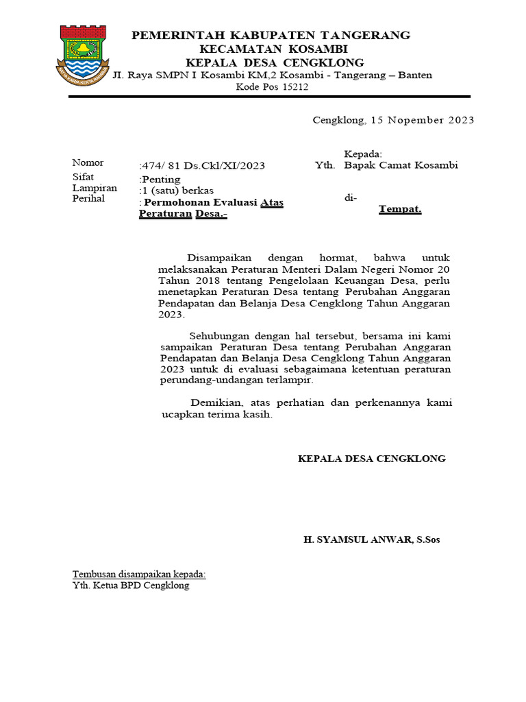 Surat Permohonan Kesepakatan Rkpdes 2023 | PDF