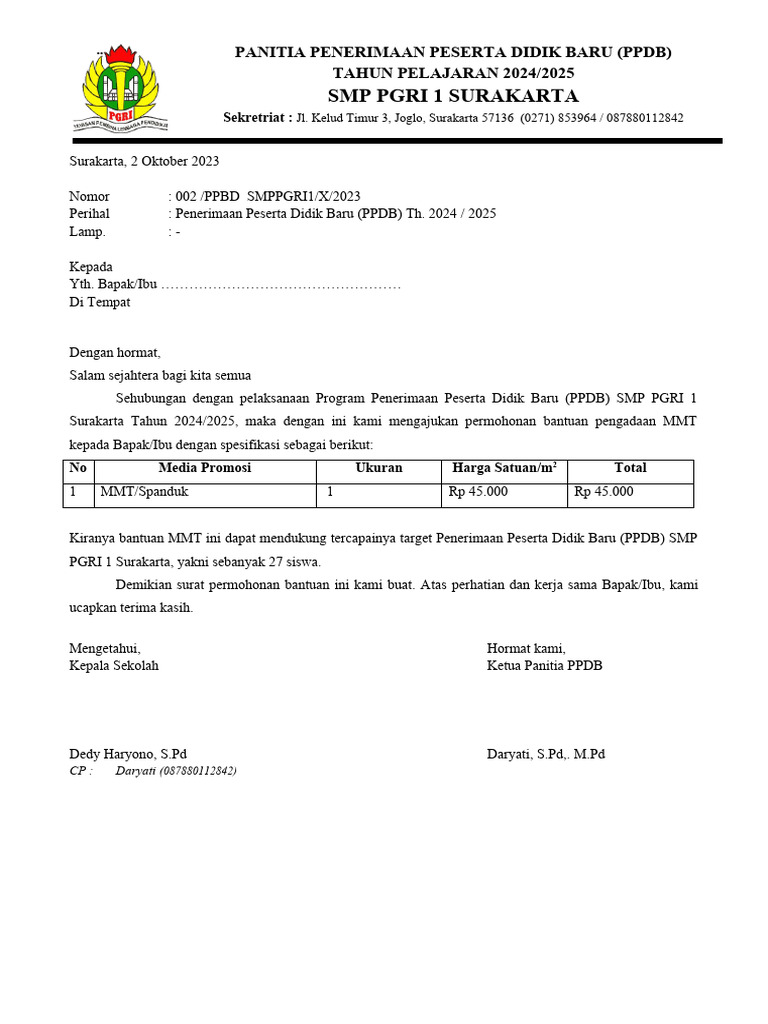 Surat Permohonan MMT PPDB 2024-2025 | PDF