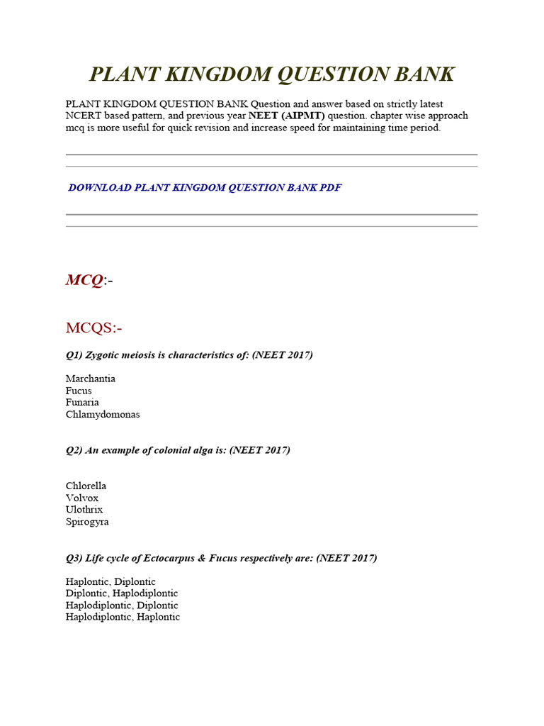 Plant Kingdom Question Bank | PDF | Plants | Fertilisation