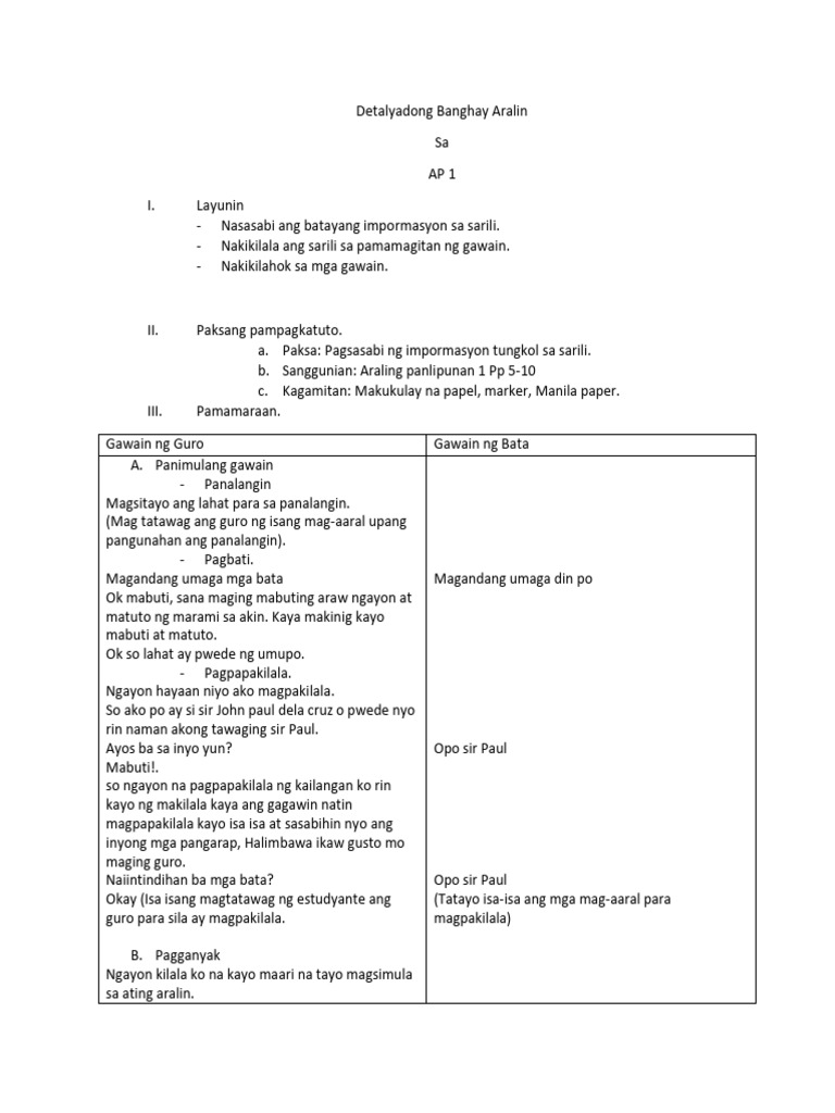Banghay Aralin Sa AP 1 2 | PDF