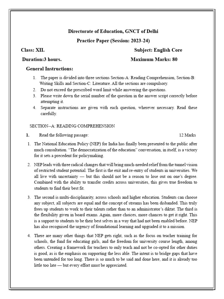 Class XII English Practice Paper | PDF | Millennials | Reason