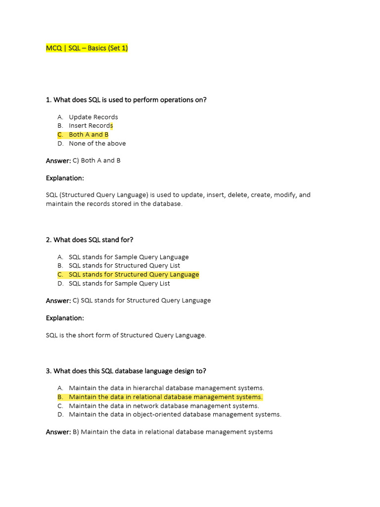 Top SQL MCQ | PDF | No Sql | Relational Database