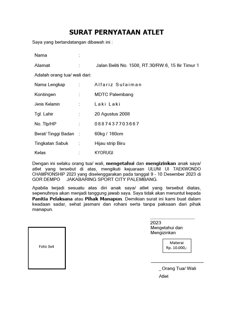 Surat Pernyataan Atlet | PDF