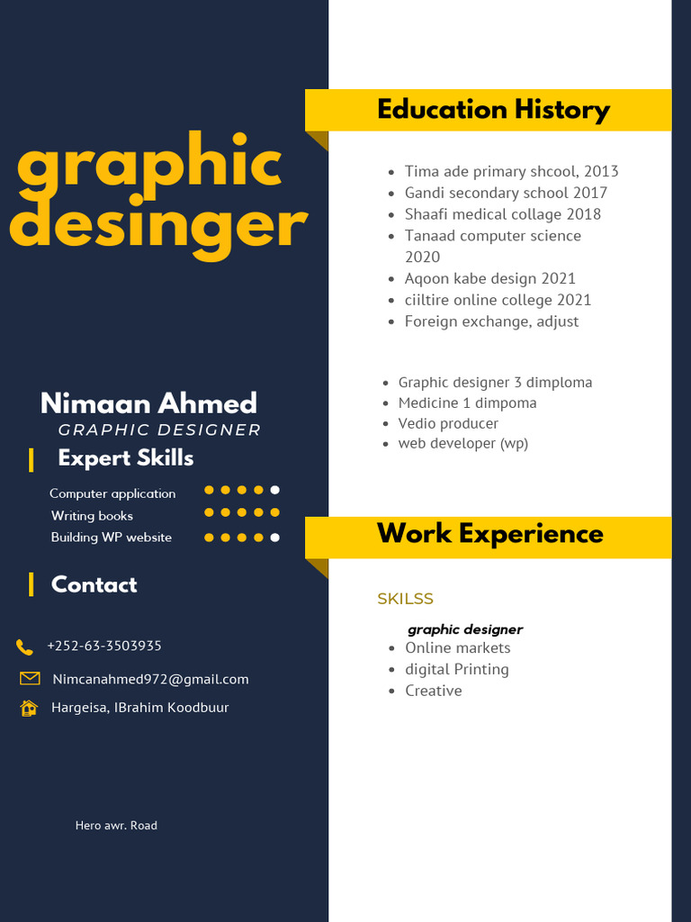 Dark Blue & Yellow Professional History Creative Resume | PDF