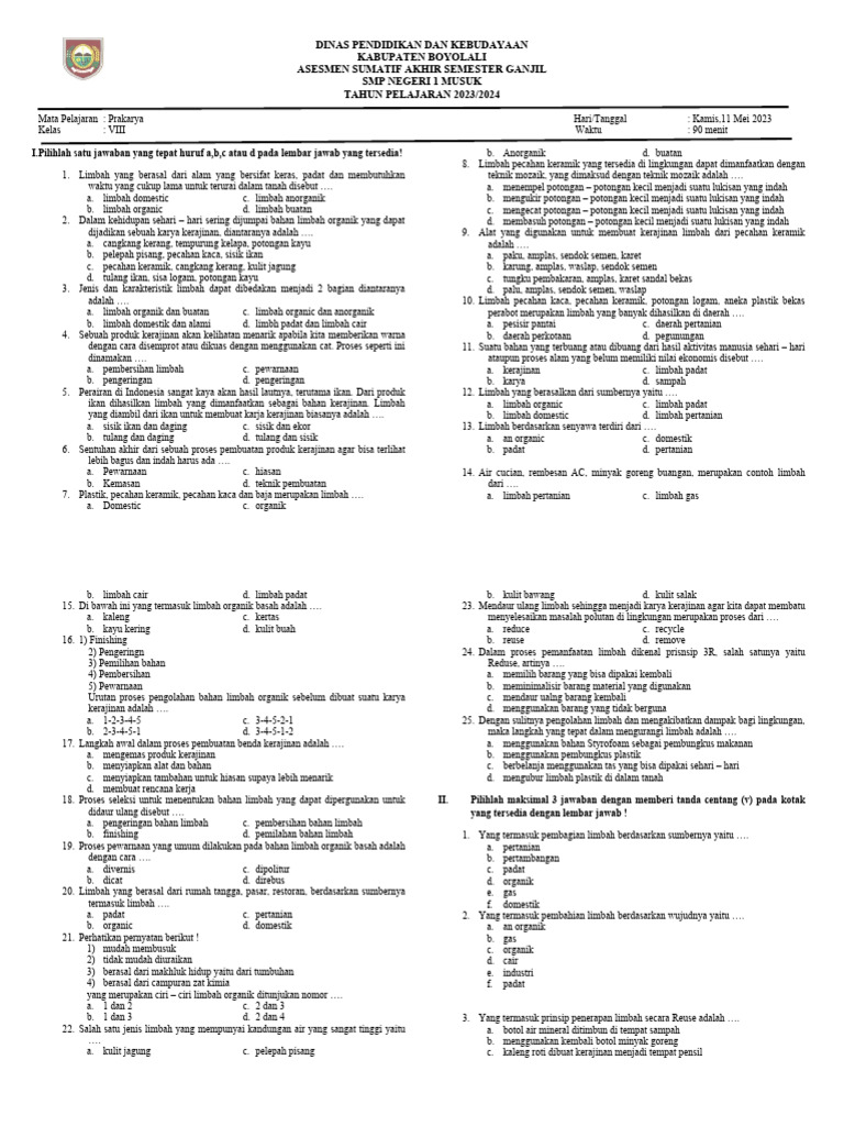 Soal Asas Prakarya Kelas Viii Semester Gasal TH 2023-2024 | PDF