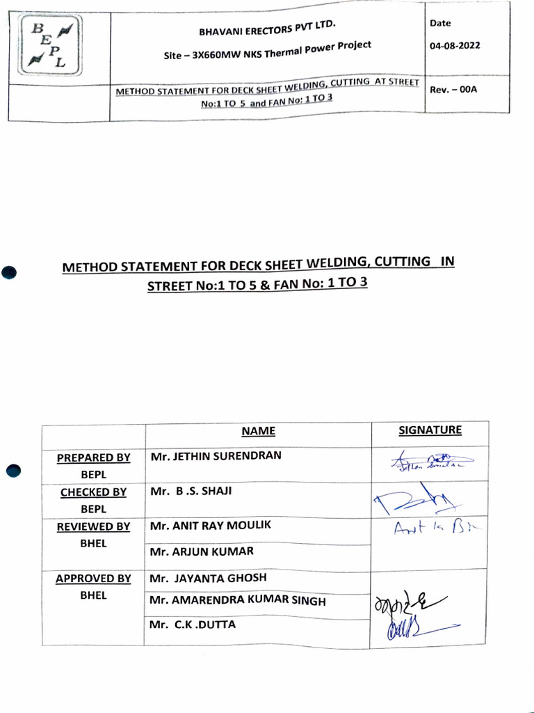 Deck Sheet Welding Safety Method Statement | PDF | Welding | Construction