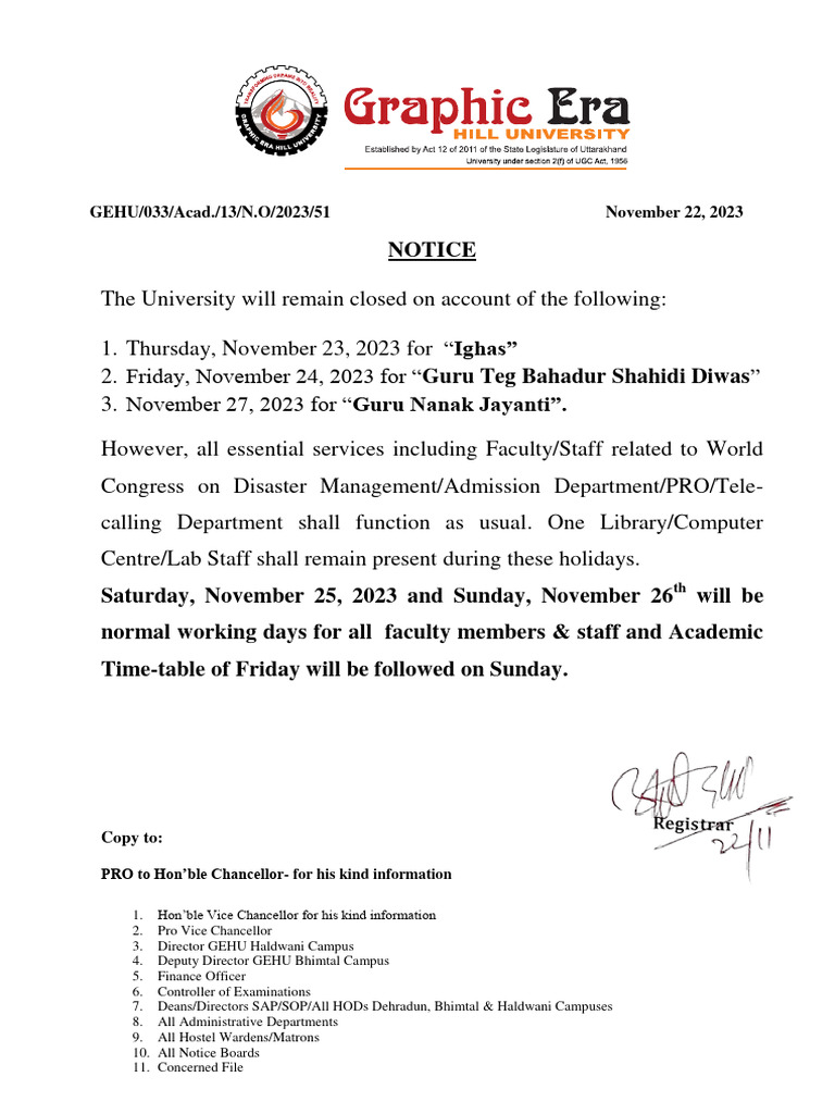 GEHU Holiday Schedule for November 2023 | PDF | Science & Mathematics