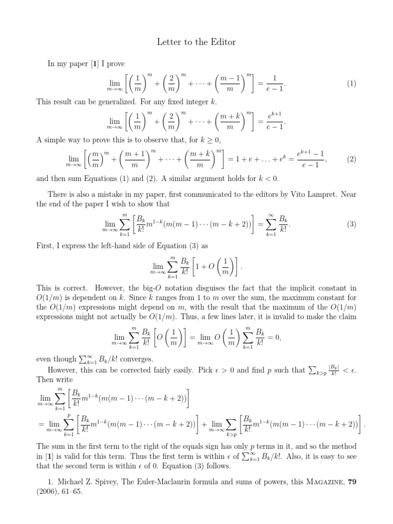 Euler-Maclaurin Formulaand Sums of Powers Correction | PDF | Mathematics | Mathematical Objects