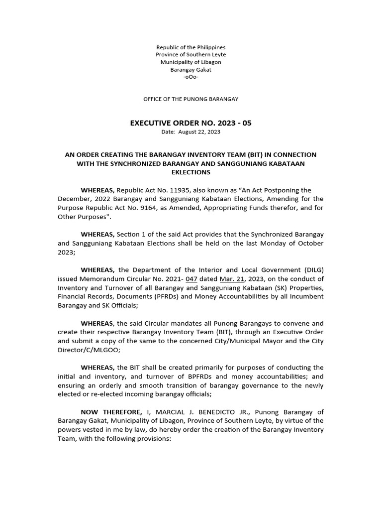 Executive Order No. 05, Creating An Inventory Team | PDF | Government | Justice