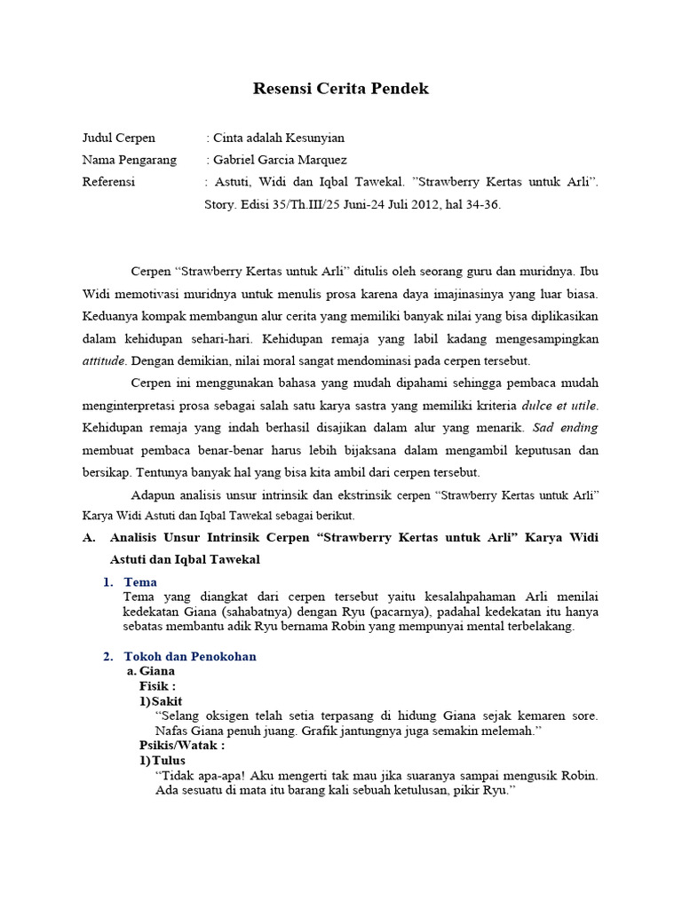 Contoh Resensi Dan Analisis Unsur Intrinsik Dan Ekstrinsik Cerpen | PDF