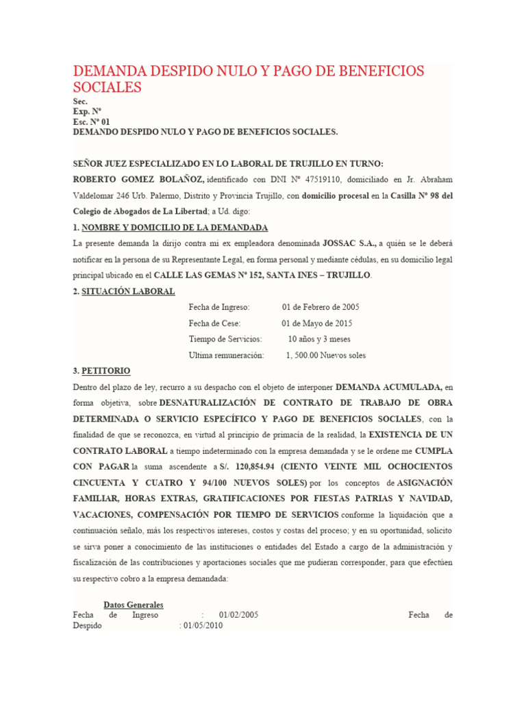 Demanda Despido Nulo y Pago de Beneficios Sociales | PDF | Derecho laboral | Salario