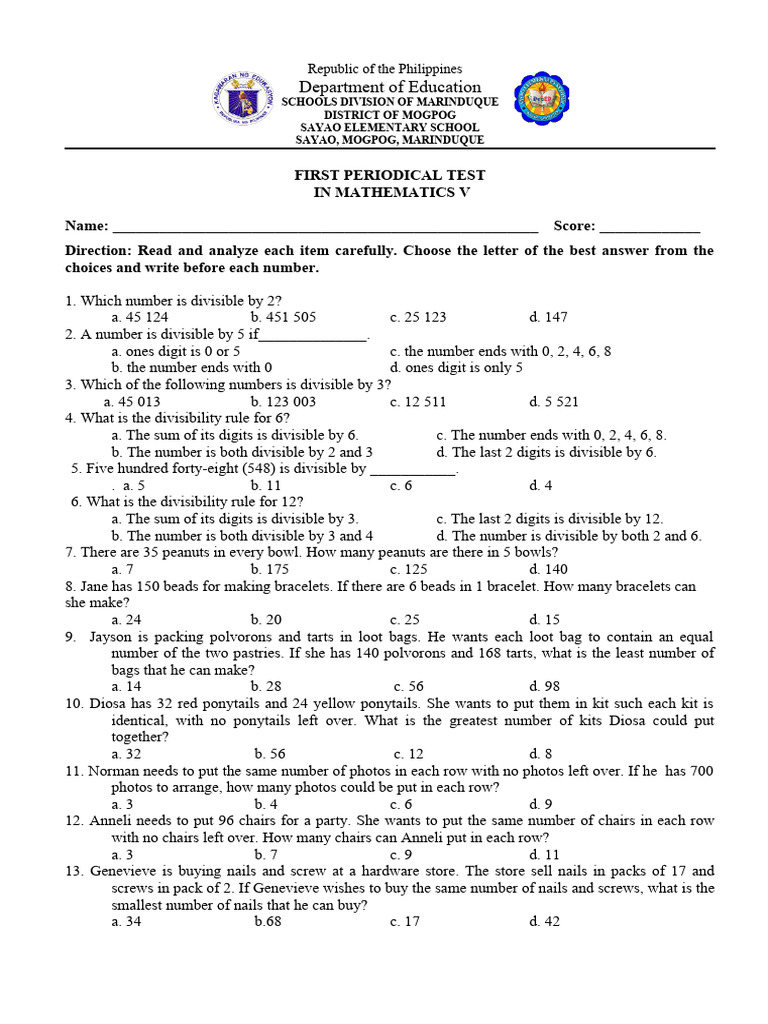 Pt-Math 5-Q1-Final | PDF | Multiplication | Mathematics
