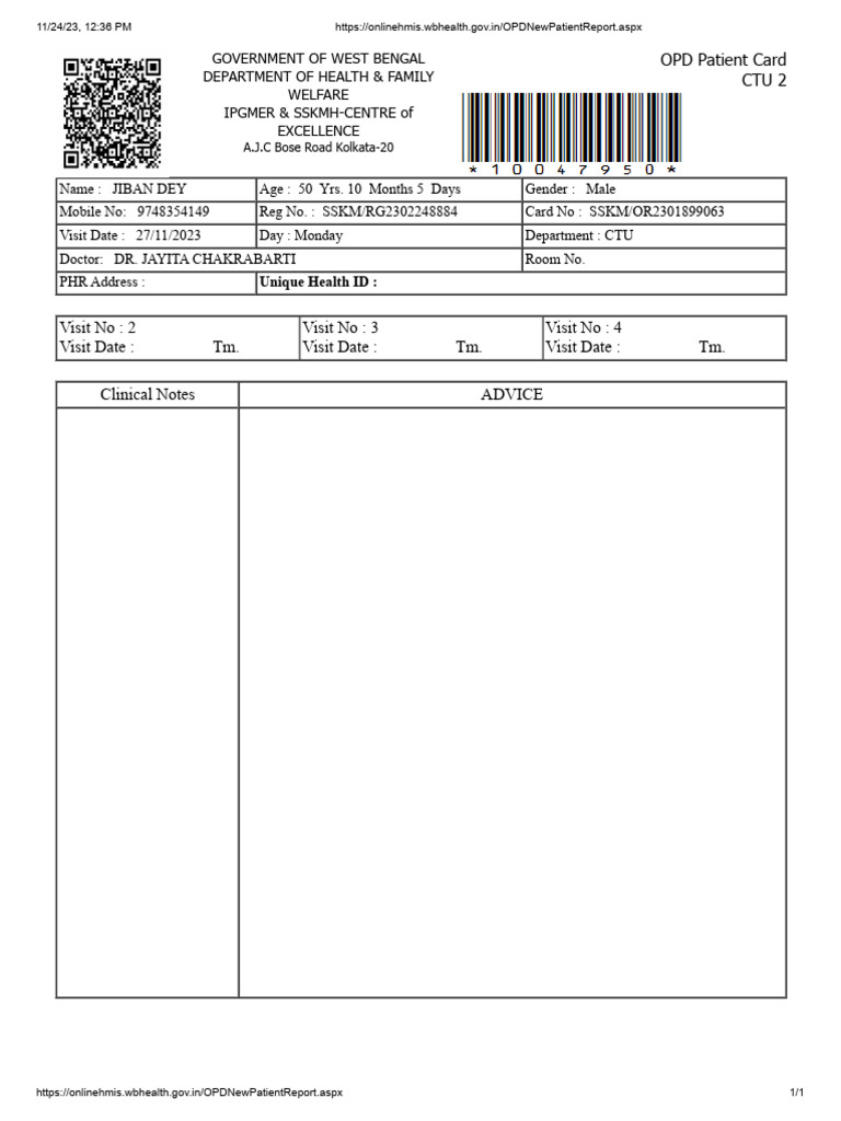 OPD Patient Card - IPGMER Kolkata | PDF | Social Science | Science ...
