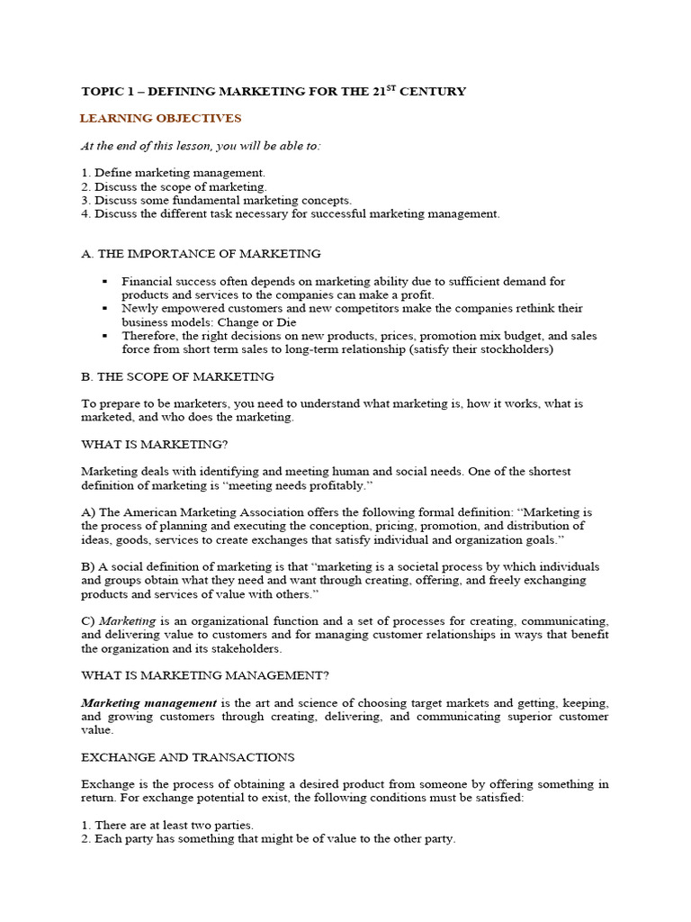 Topic 1 DEFINING MARKETING FOR THE 21st CENTURY | PDF | Marketing | Sales
