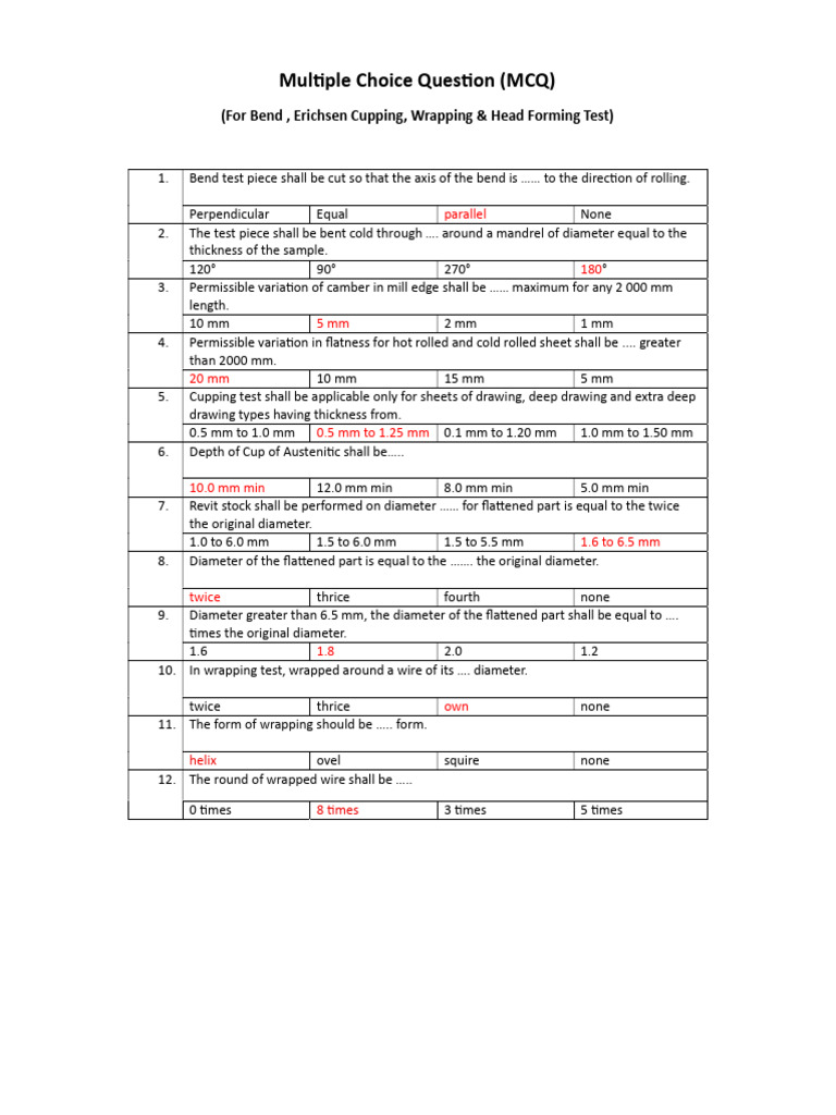 Mul Ple Choice Ques On (MCQ) : (For Bend, Erichsen Cupping, Wrapping ...