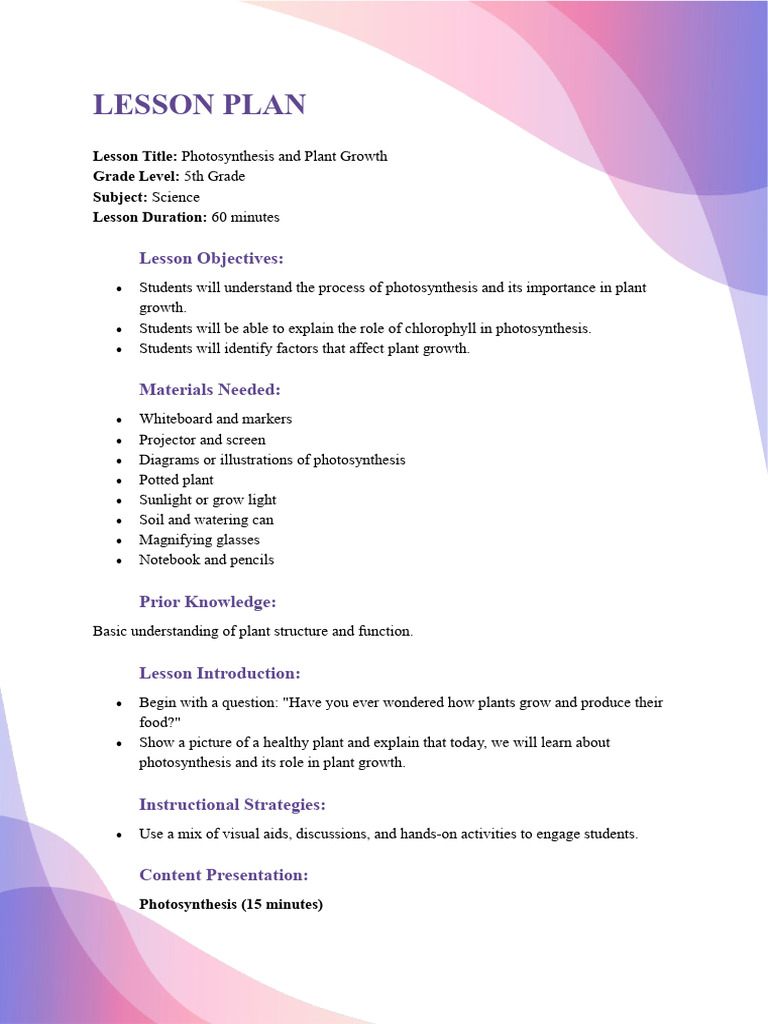 Colorful Lesson Plan Template | PDF | Photosynthesis | Plants
