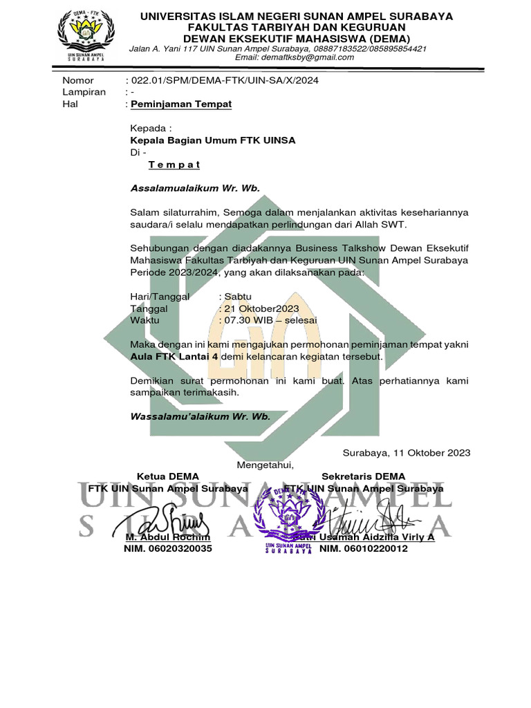 022.01 Peminjaman Aula FTK | PDF