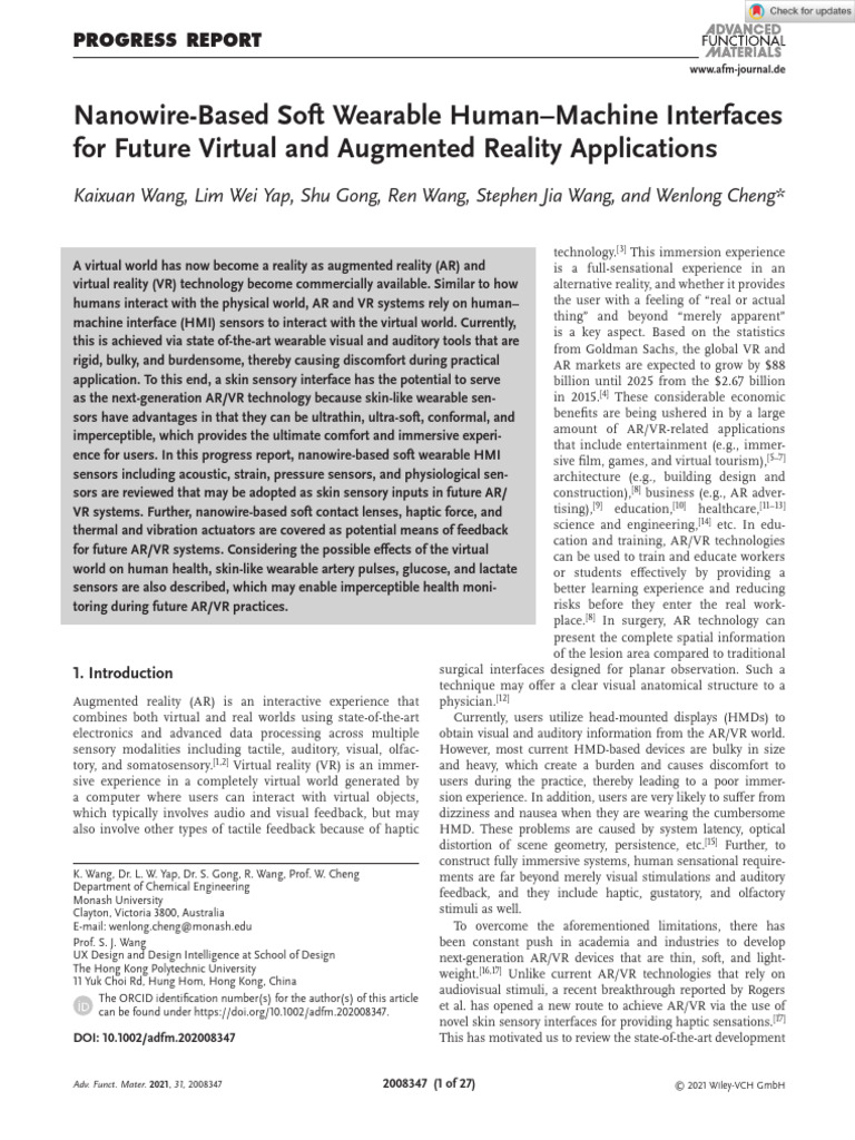 Background Review - AFM - 21V31 - 39 - Nanowire-Based Soft Wearable Human-Machine Interfaces For ...
