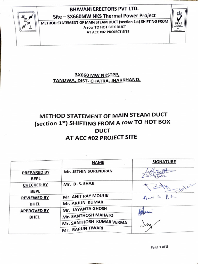 Method Statement of Main Steam Duct (Section 1) | PDF | Crane (Machine) | Secondary Sector Of ...