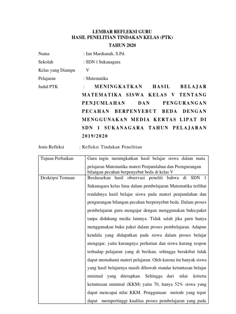 1.lembar Refleki Penelitian Tindakan Kelas | PDF