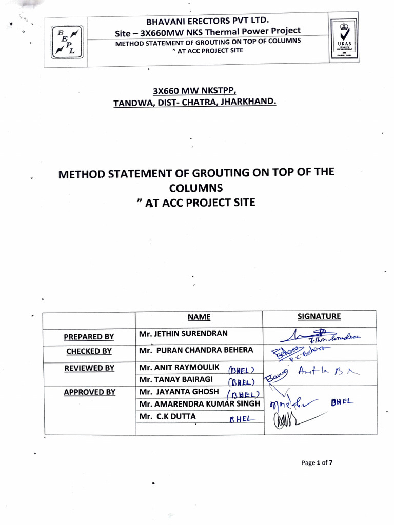 Method Statement of Grouting On Top of Columns at ACC | PDF | Secondary ...