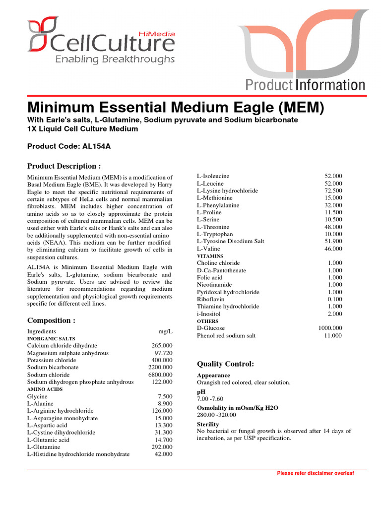 AL154A-Minimum Essential Medium Eagle (MEM) With Earle's Salts, L-Glutamine, Sodium Pyruvate and ...