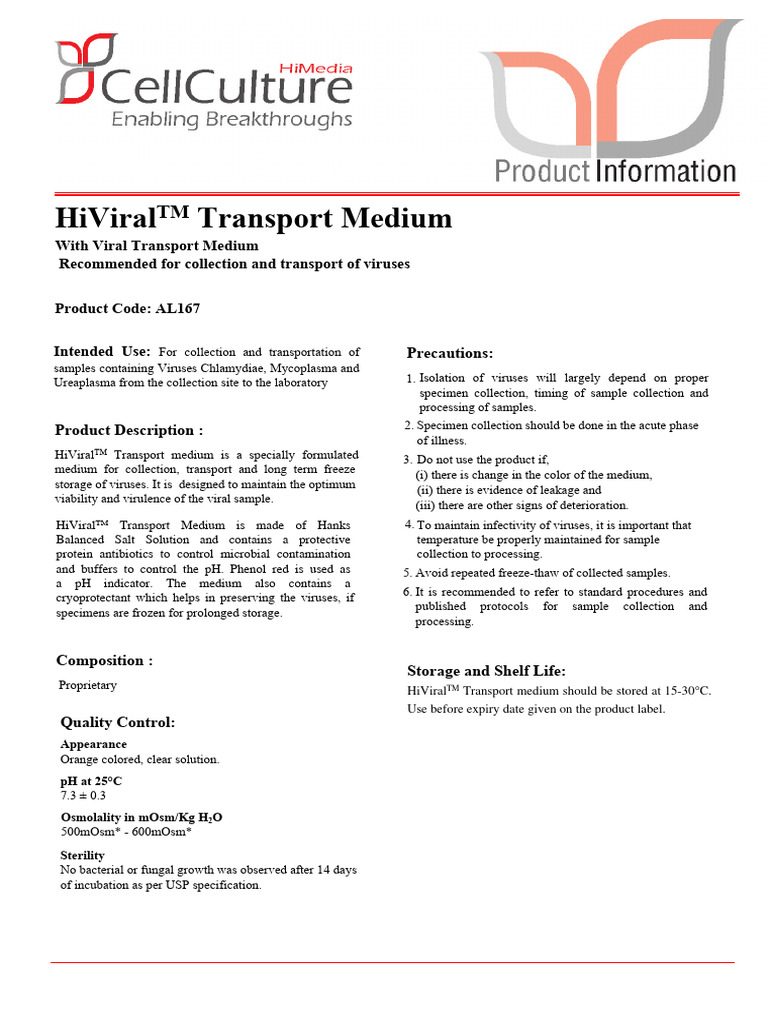AL167-HiViral Transport Medium | PDF | Virus | Ph