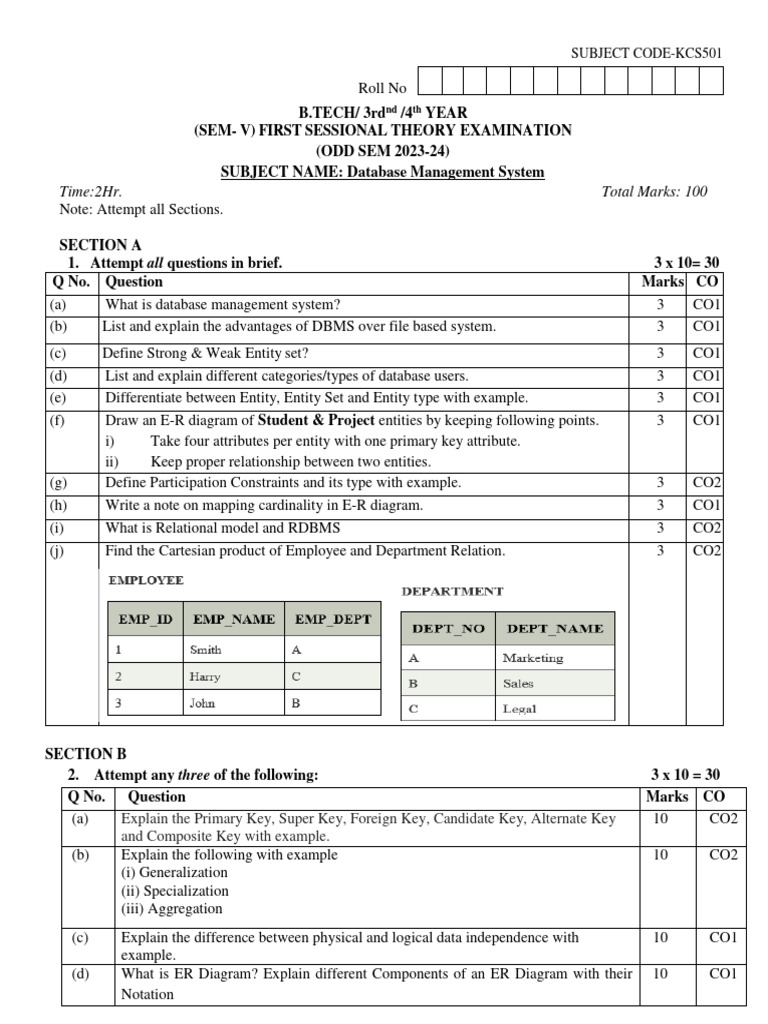 DBMS KCS501 Question Paper | PDF | Relational Model | Databases