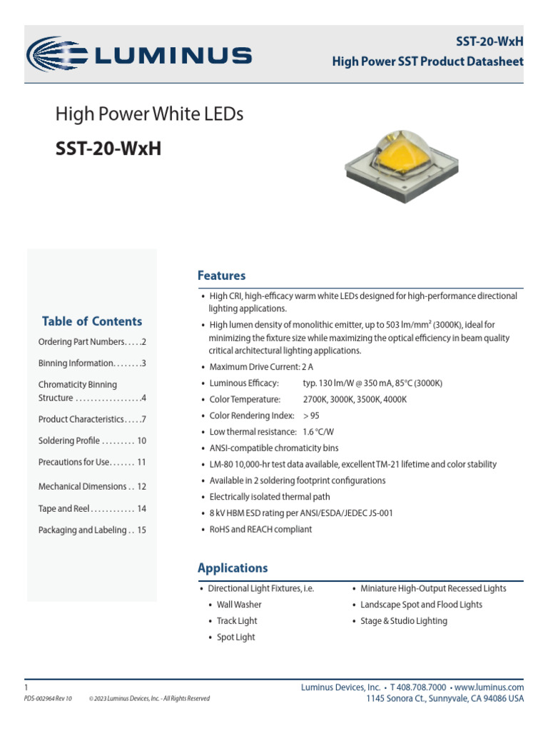 Luminus SST-20-WxH Datasheet | PDF | Lighting | Light Emitting Diode
