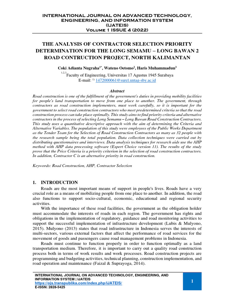 The Analysis of Contractor Selection Priority Determination For The Long Semamu - Long Bawan 2 ...