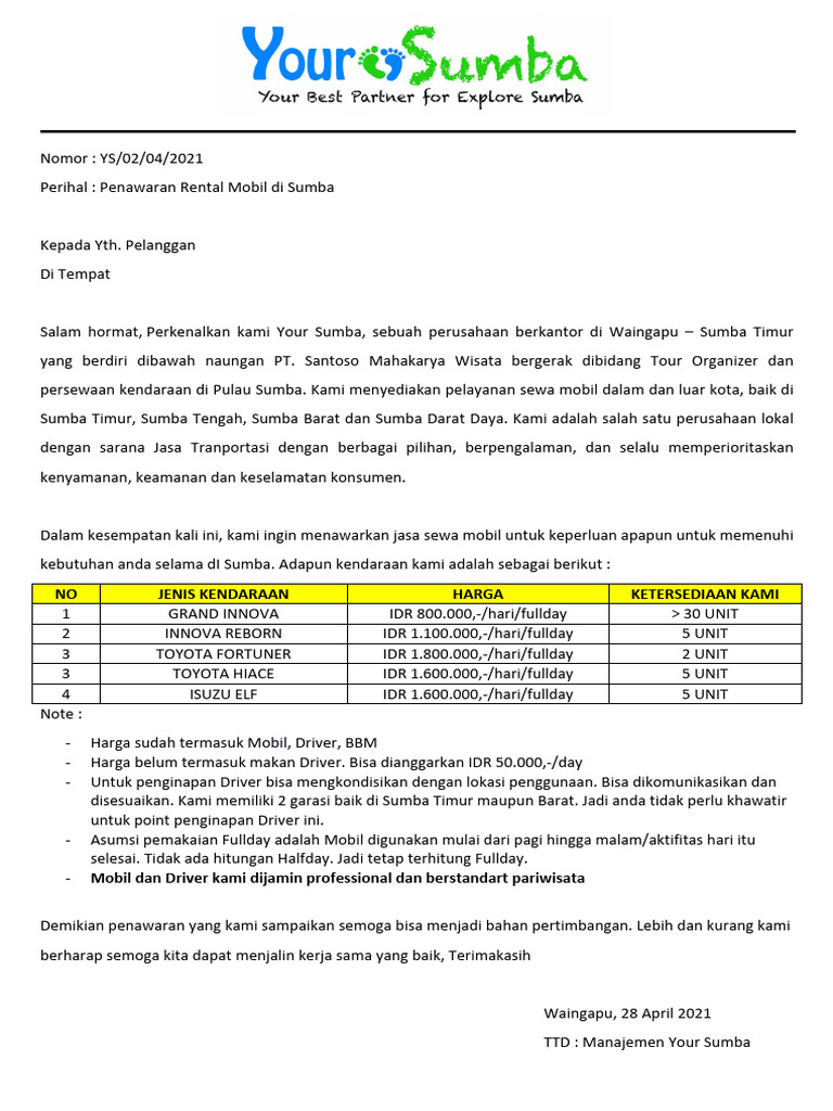 Surat Penawaran Rental Mobil Your Sumba | PDF