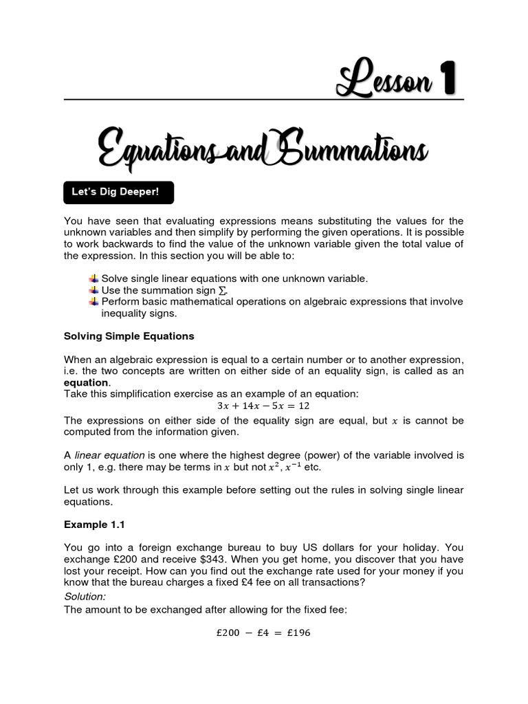 Lesson 1 | PDF | Equations | Variable (Mathematics)
