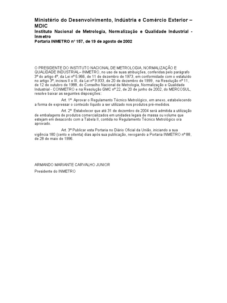 Regulamento da Portaria INMETRO 157/2002 | PDF | Metrologia | Embalagem ...