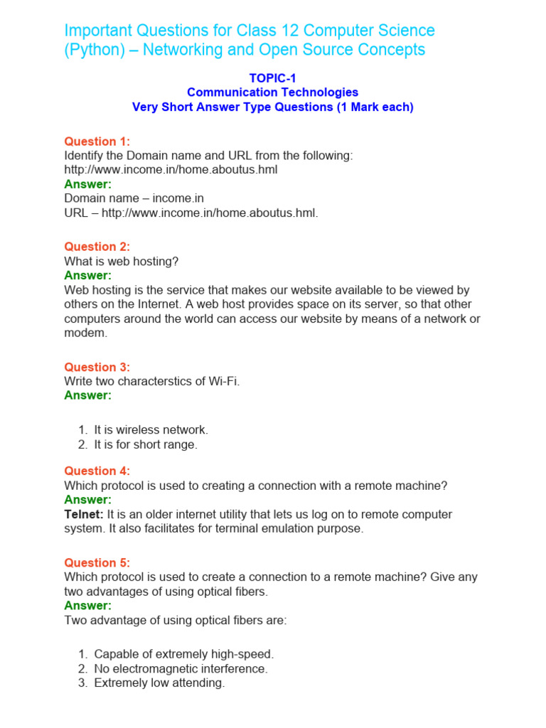 Important Questions For Class 12 Computer Science Networking | PDF | Computer Network | Network ...