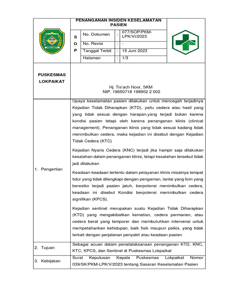 Penanganan Insiden Keselamatan Pasien | PDF
