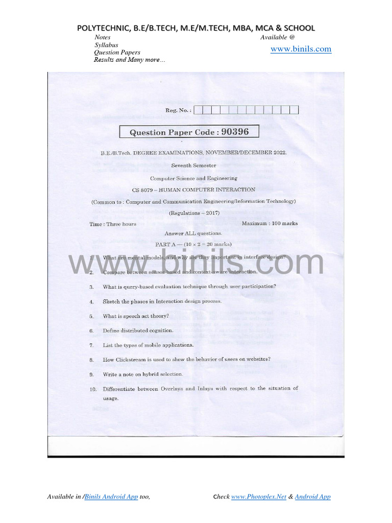 CS 8079 Human Computer Interaction Anna University Question Paper | PDF