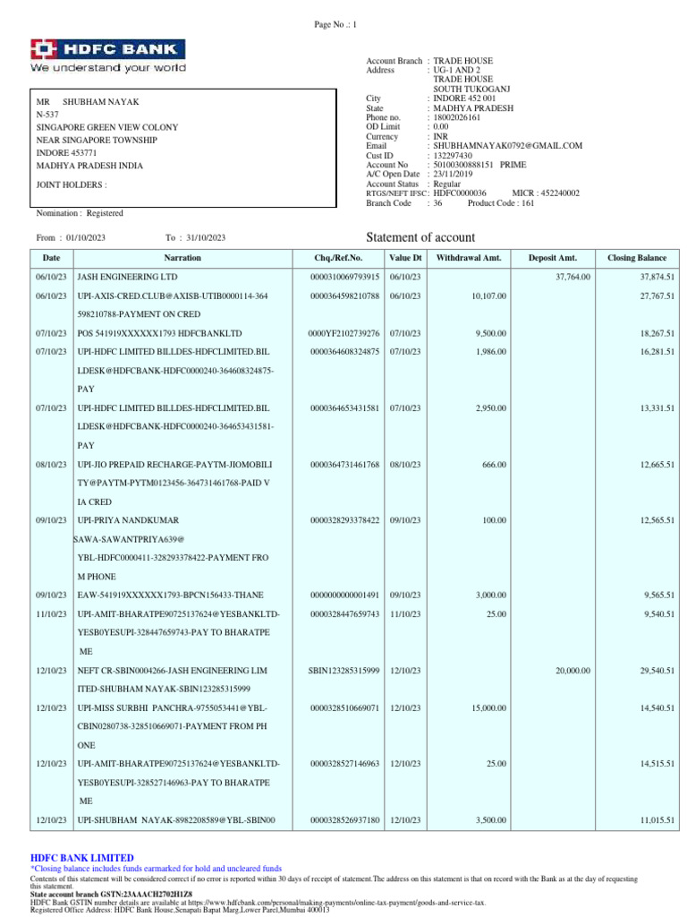 HDFC Bank Account Statement Summary | PDF | Banking | Business Economics