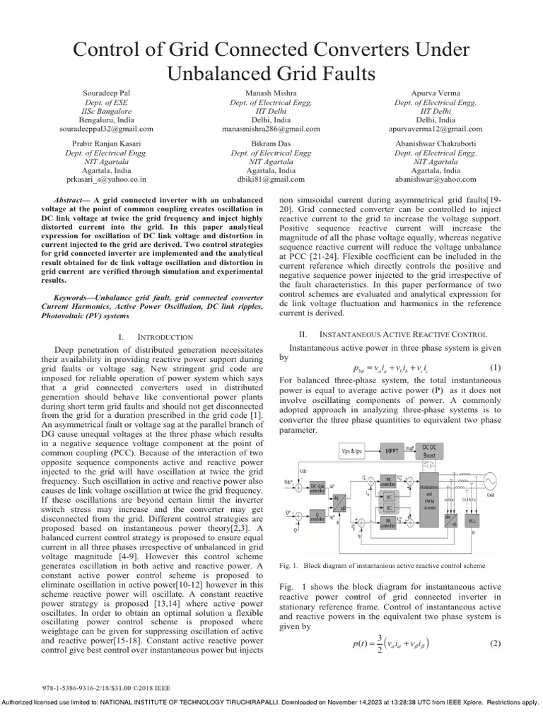 Control of Grid Connected Converters Under Unbalanced Grid Faults | PDF | Power Inverter | Power ...