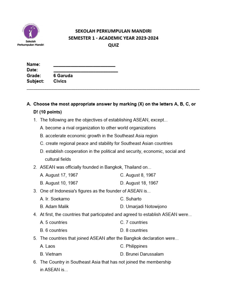 G6-Civics 6-QUIZ - ASEAN - (NKRI) | PDF | Southeast Asia | Asia
