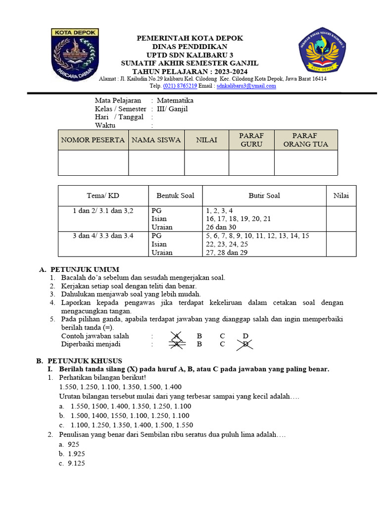 Soal Sas Math Kelas 3 | PDF