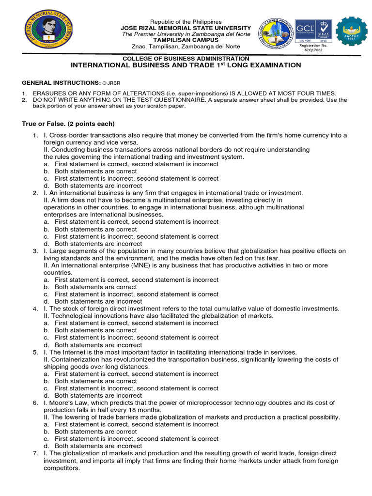 1st IBT Long Examination | PDF | Globalization | World Trade Organization