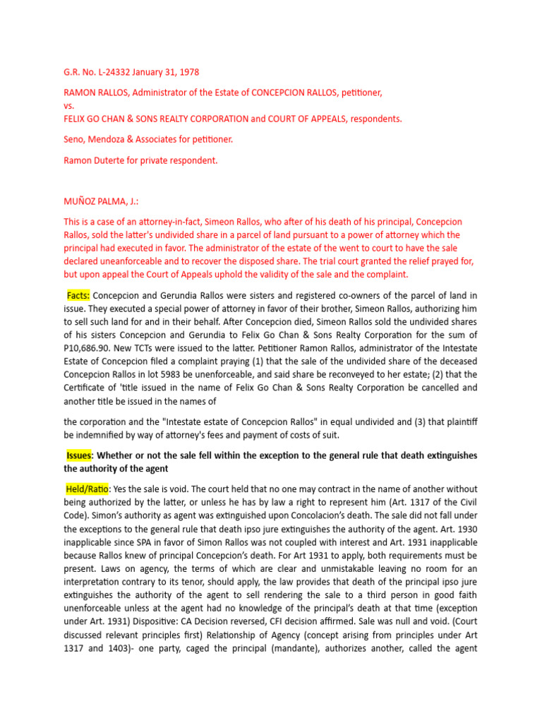 Rallos v. Felix Go Chan Case Digest | PDF | Legal Concepts | Business Law