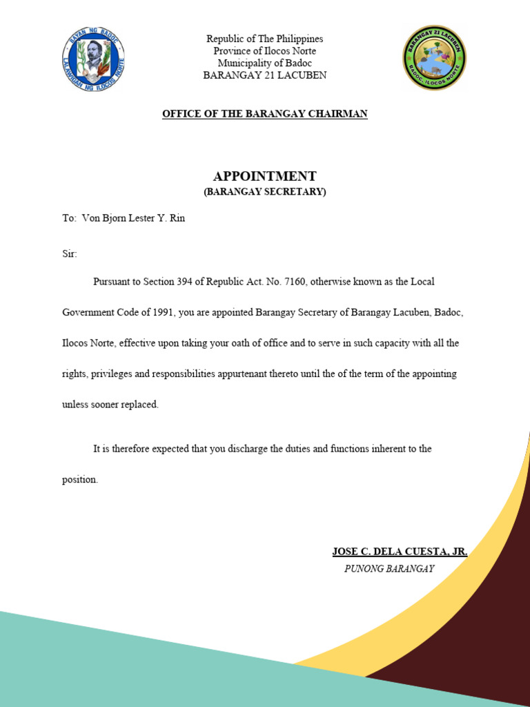 Appointment Barangay Sec | PDF