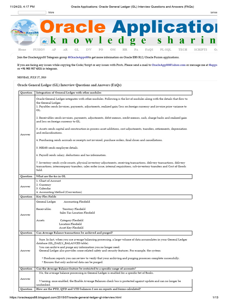 Oracle General Ledger (GL) Interview Questions and Answers (FAQs) | PDF | Databases | Enterprise ...