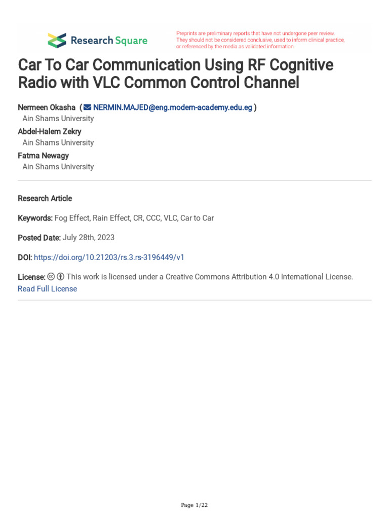 Car To Car Communication Using RF Cognitive Radio | PDF | Light ...