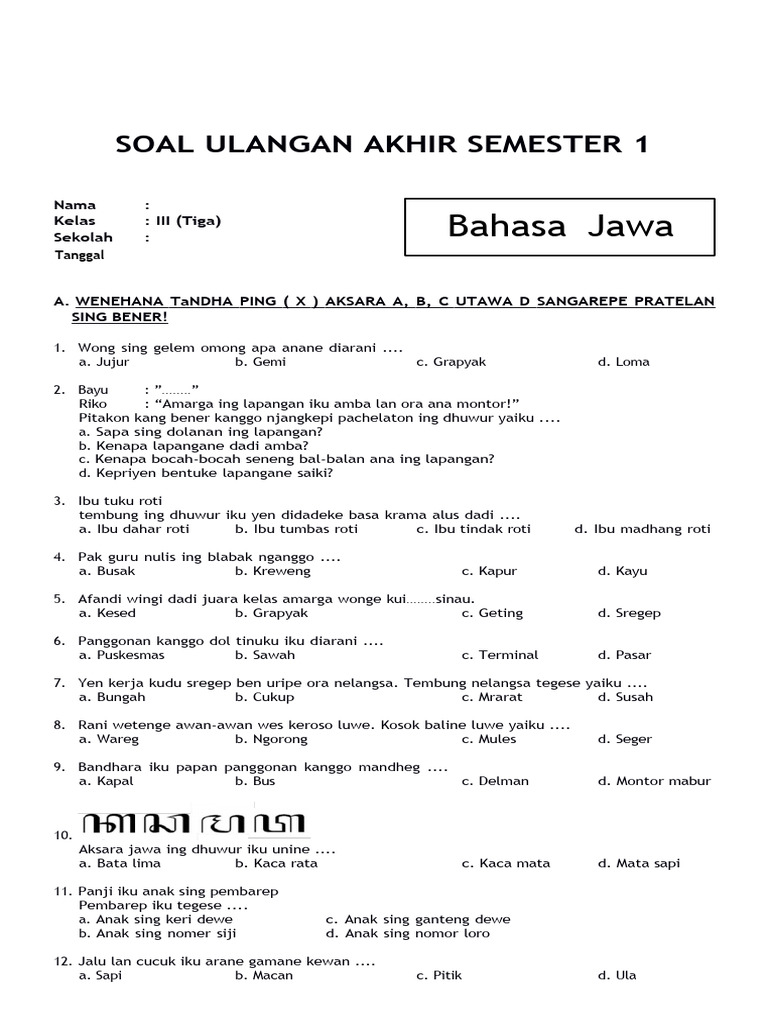 Soal UAS Bahasa Jawa Kelas 3 SD Semester 1 (Ganjil) Dan Kunci Jawabannya | PDF
