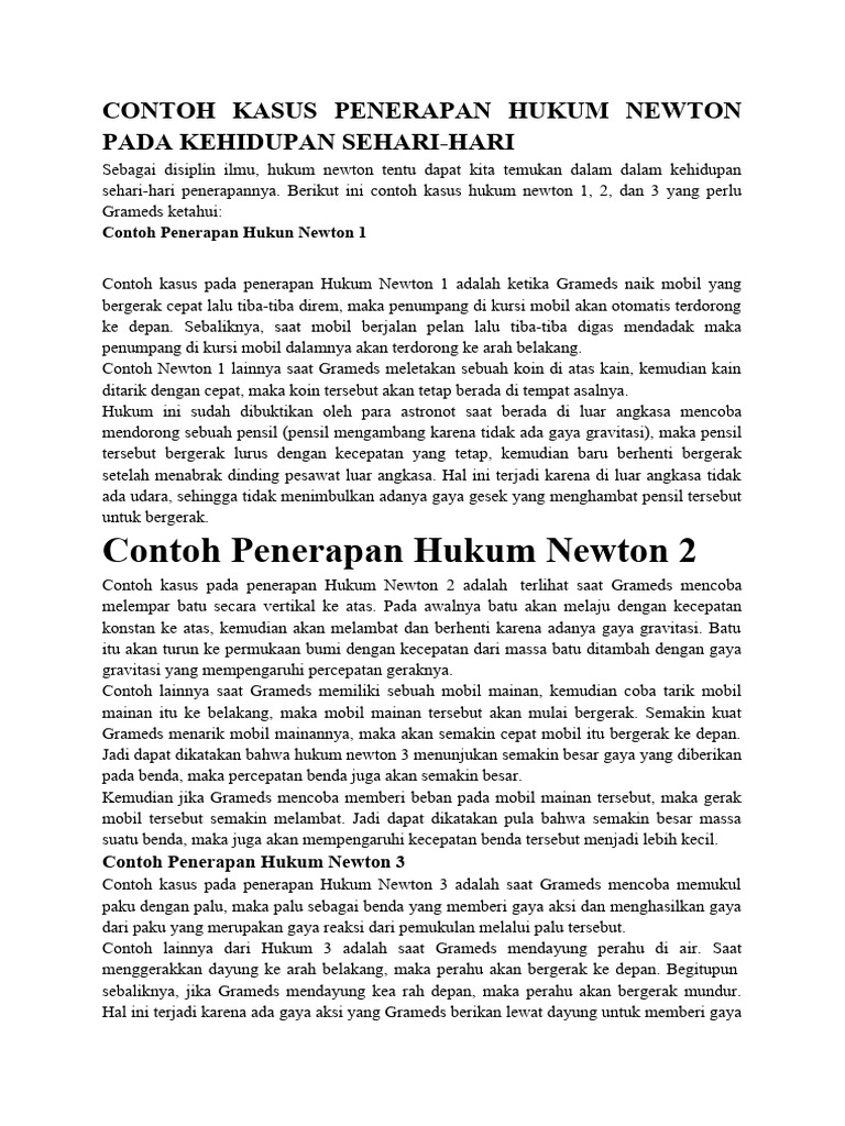 Contoh Kasus Penerapan Hukum Newton Pada Kehidupan Sehari | PDF Contoh Kasus Penerapan Hukum Newton Pada Kehidupan Sehari | PDF