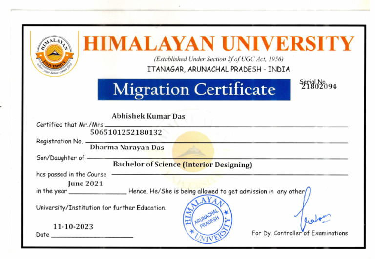 Abhishek Kumar Das Migration Certificate Himalayan University | PDF