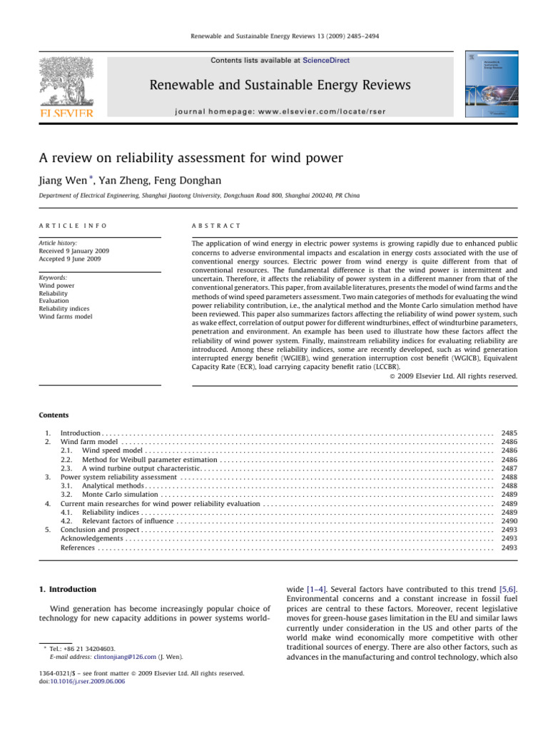 A Review On Relaibility Assessment For Wind Power | PDF | Wind Power ...