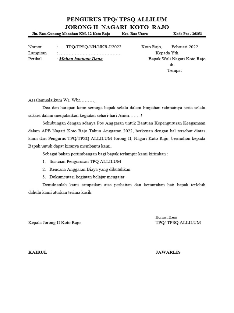 Surat Permohonan Dana TPQ | PDF